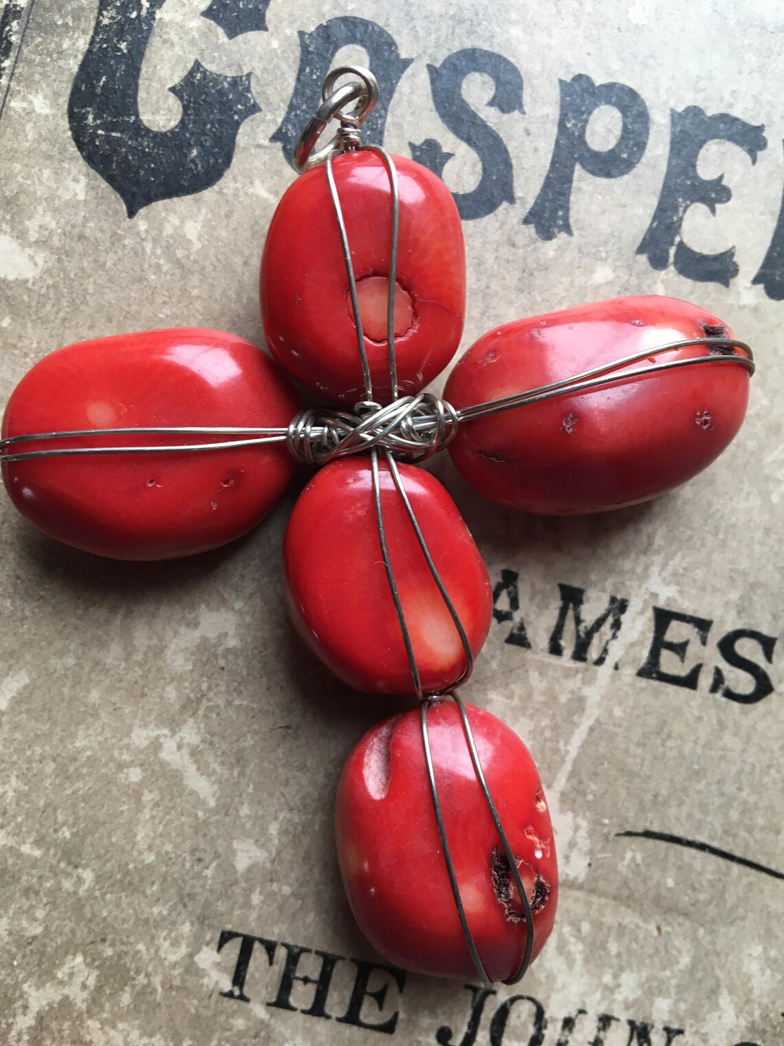 Large Red Coral Wire Wrapped Cross Pendant Sterling Silver Wire and ...