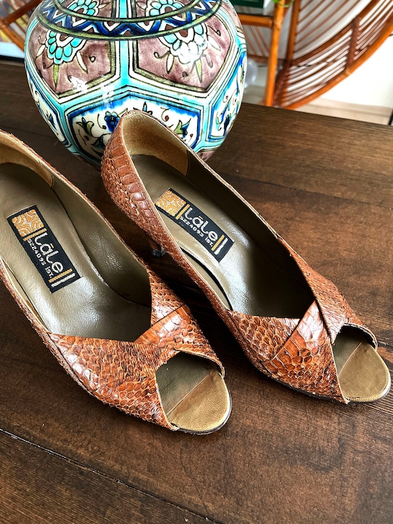 80s vintage genuine snake skin leather heels open toe… - Gem