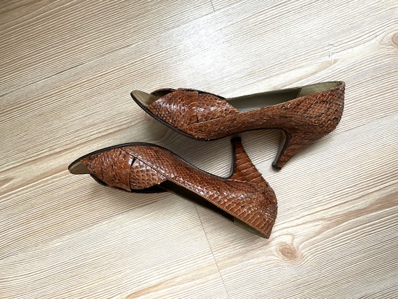 80s vintage genuine snake skin leather heels open toe… - Gem
