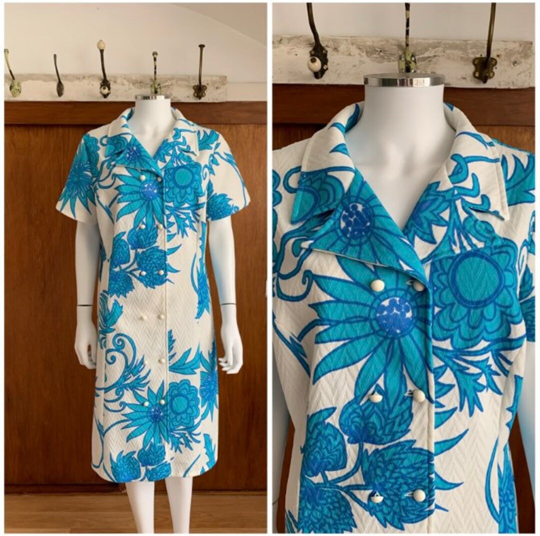 1960s Mod Floral Bold Turquoise Blue White Crimplene Midi - Etsy