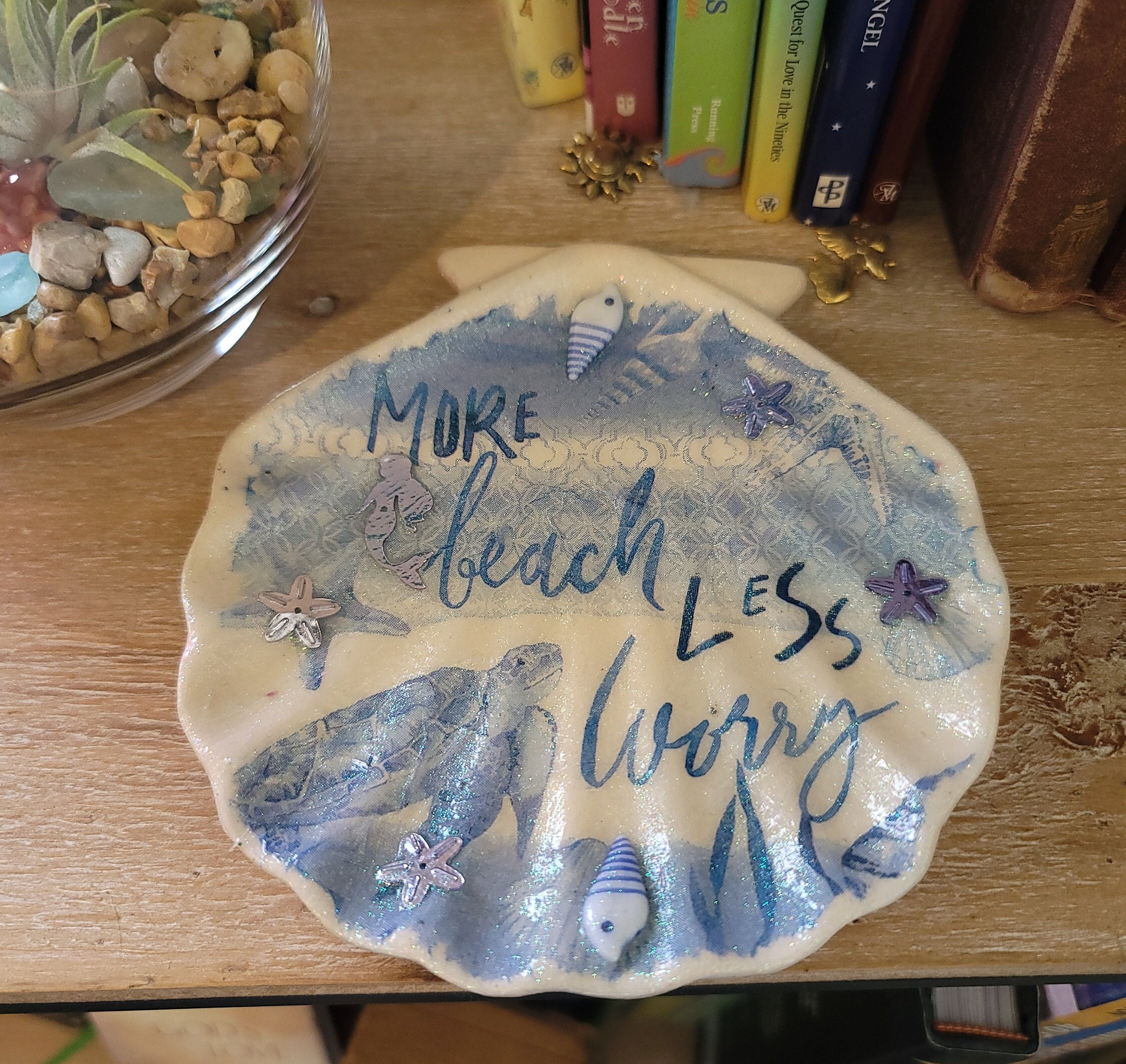 More Beach / Less Worry Ceramic Shell Shaped Dish With Mermaid and ...