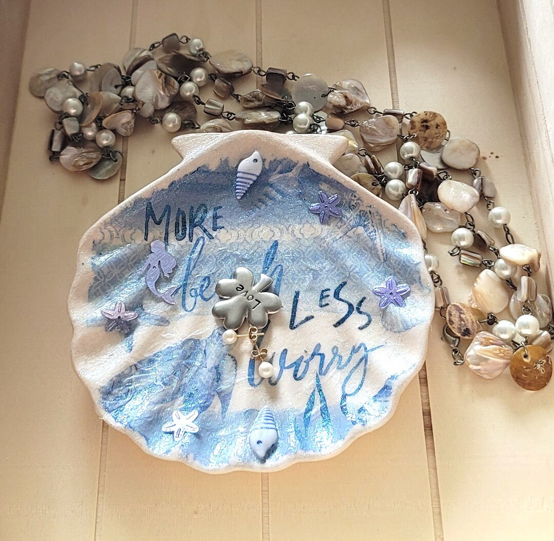 More Beach / Less Worry Ceramic Shell Shaped Dish With Mermaid and ...