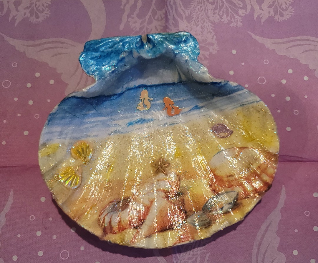 Scallop Sea Shell, Trinket Dish, Decoupage, Embellished With Beach ...