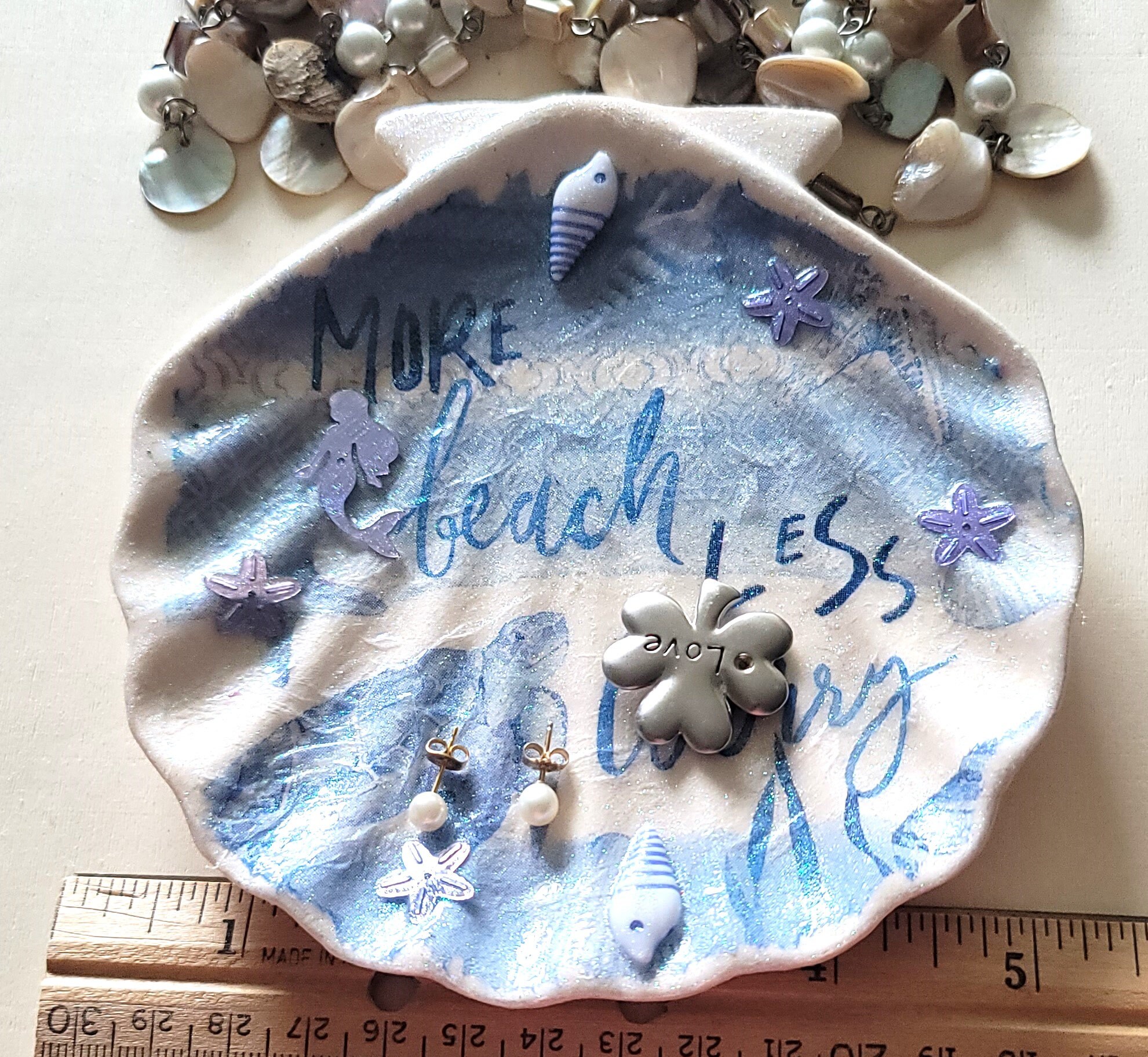 More Beach / Less Worry Ceramic Shell Shaped Dish With Mermaid and ...