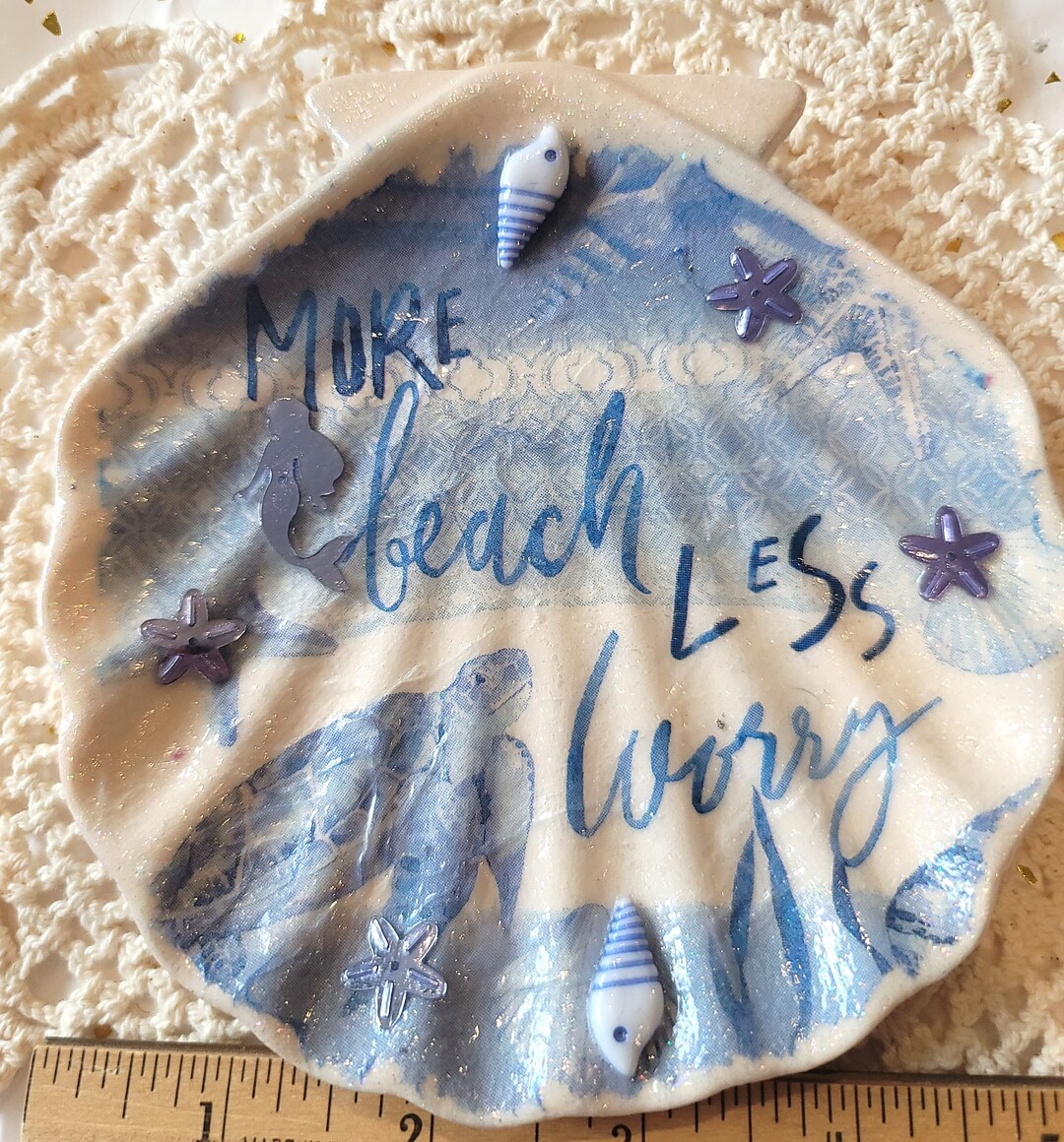 More Beach / Less Worry Ceramic Shell Shaped Dish With Mermaid - Etsy