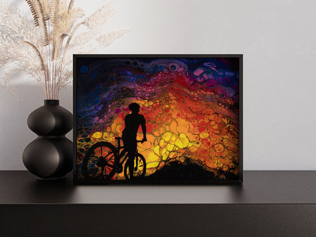 Abstract Sunset Mountain Biker Art Print, Paint Pour Blaze of Glory ...