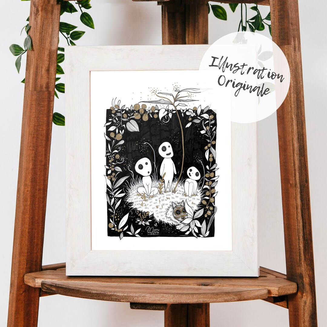 Japanese Forest Spirit Yokai Original A4 Illustration Black and Gold ...