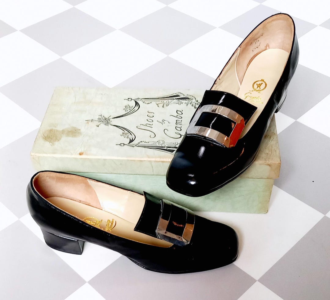 Vintage GAMBA Black Patent Leather PILGRIM Shoes / Large SILVER Buckle ...