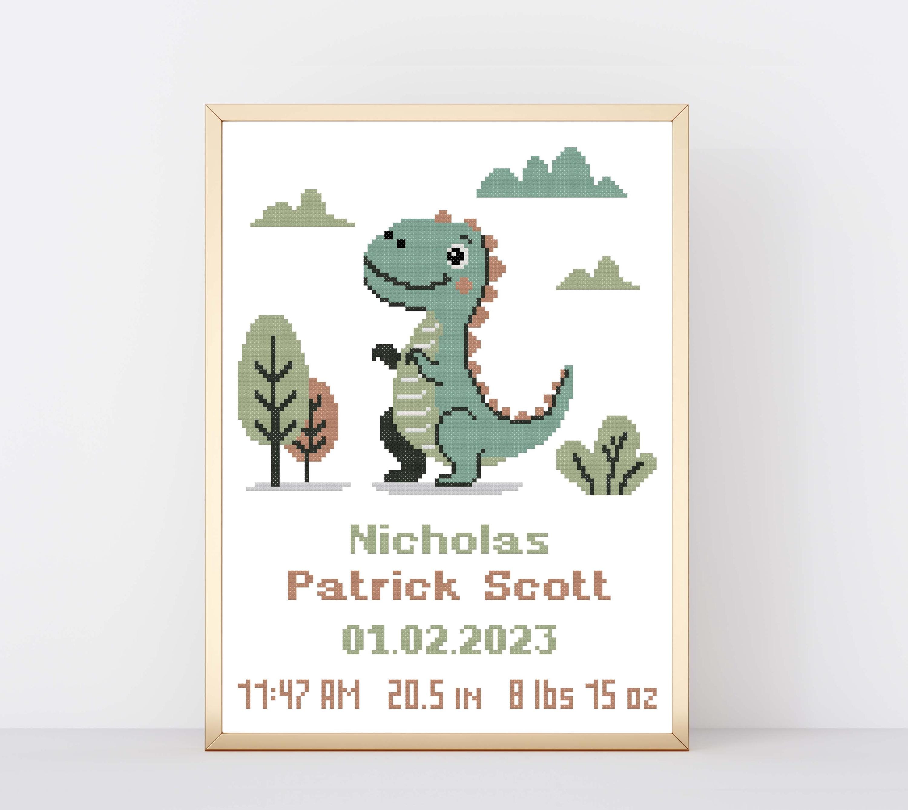 Dinosaur Cross Stitch Pattern: Baby Boy Birth Announcement, Nursery ...