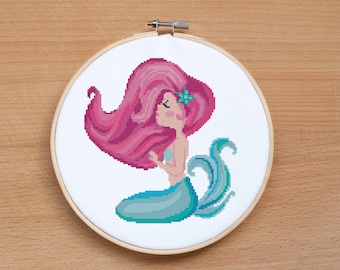 Mermaid Watercolor Counted Cross Stitch Pattern Pdf Girl - Etsy