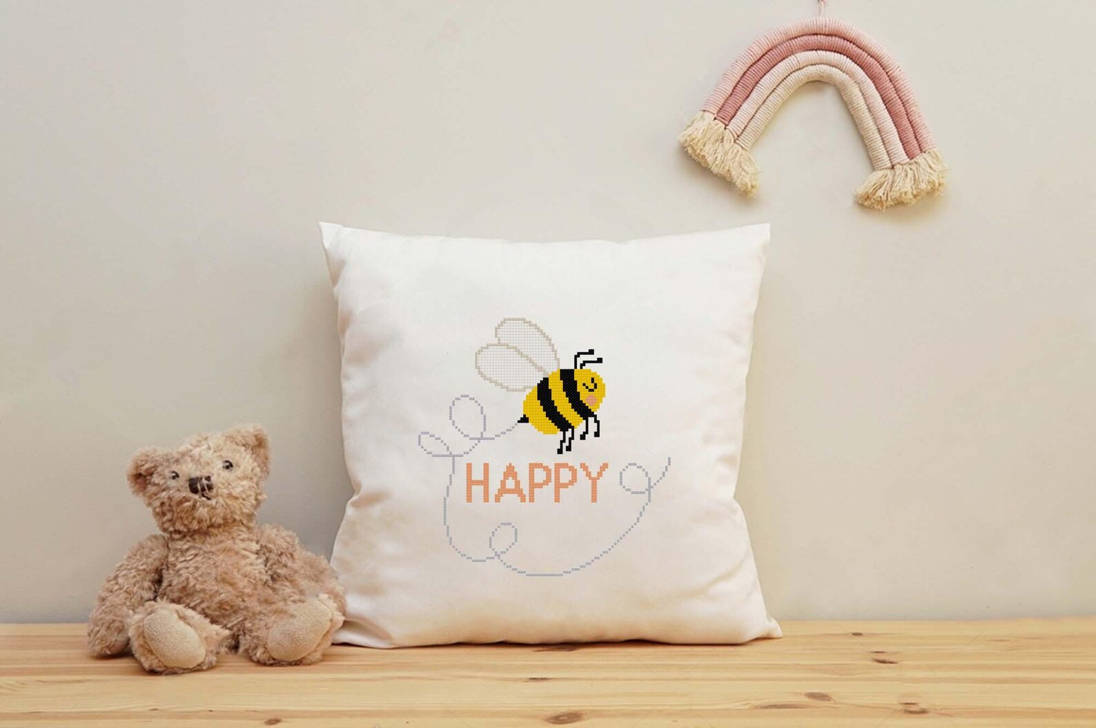 Cute Bee Cross Stitch Pattern - "be Happy" Motivational DIY Embroidery ...