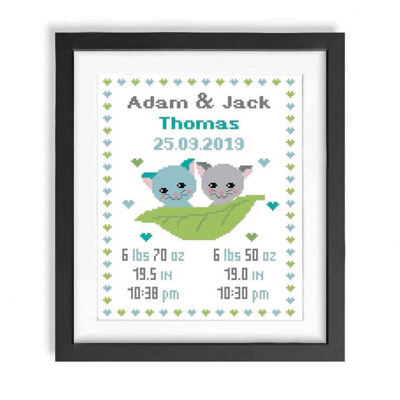 Baby Cross Stitch Pattern Twins Boy Birth Announcement Cats - Etsy