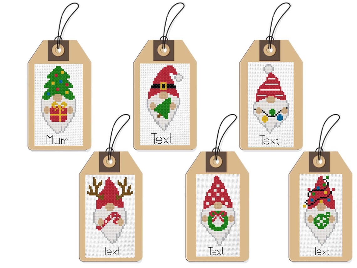 Gnomes Christmas Tag Cross Stitch Pattern Set: DIY Mini Ornaments (PDF ...