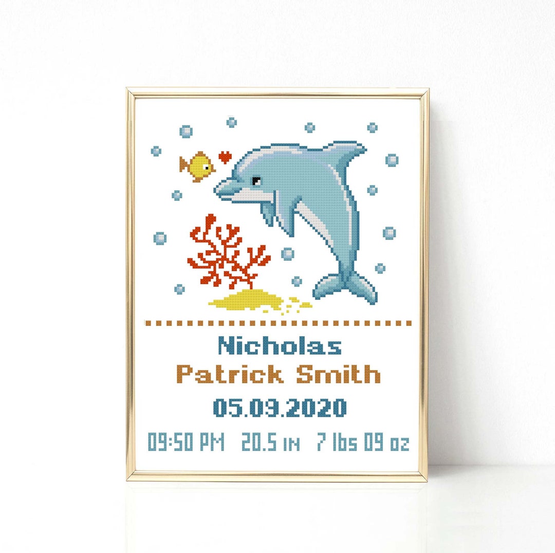 Dolphin Birth Announcement Cross Stitch Pattern: Baby Shower Gift (PDF ...