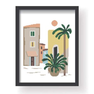 Boho Town Cross Stitch Pattern, Boho Embroidery, Line Art Cross Stitch ...