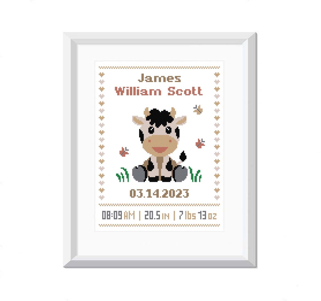 Baby Boy Cow Birth Announcement Cross Stitch Pattern: Nursery Decor ...