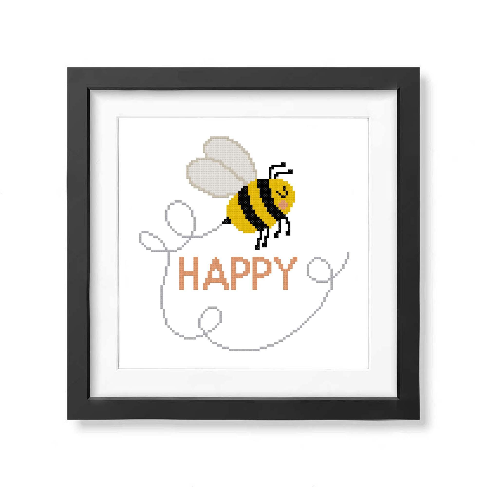 Cute Bee Cross Stitch Pattern - "be Happy" Motivational DIY Embroidery ...