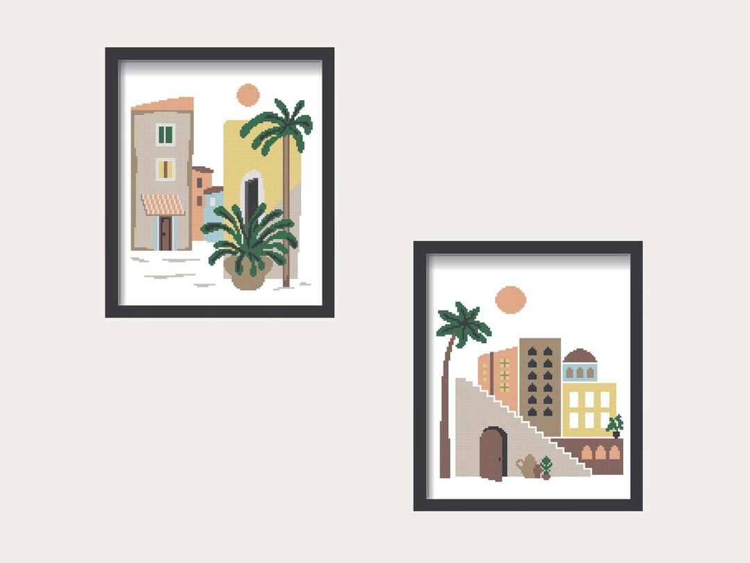 Boho Town Cross Stitch Pattern, Boho Embroidery, Line Art Cross Stitch ...