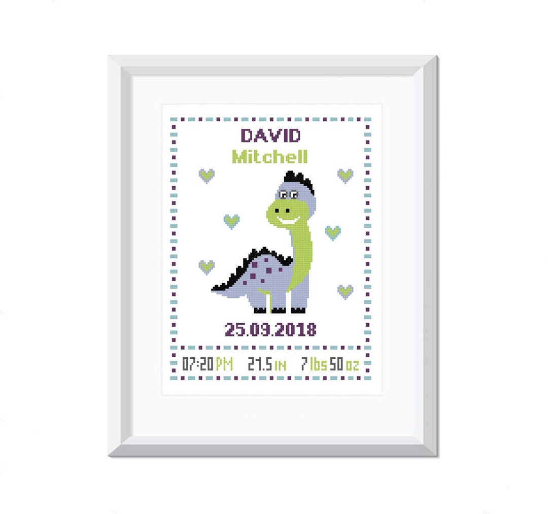 Baby Dinosaur Cross Stitch Pattern Dino Boy Birth Announcements Cross ...