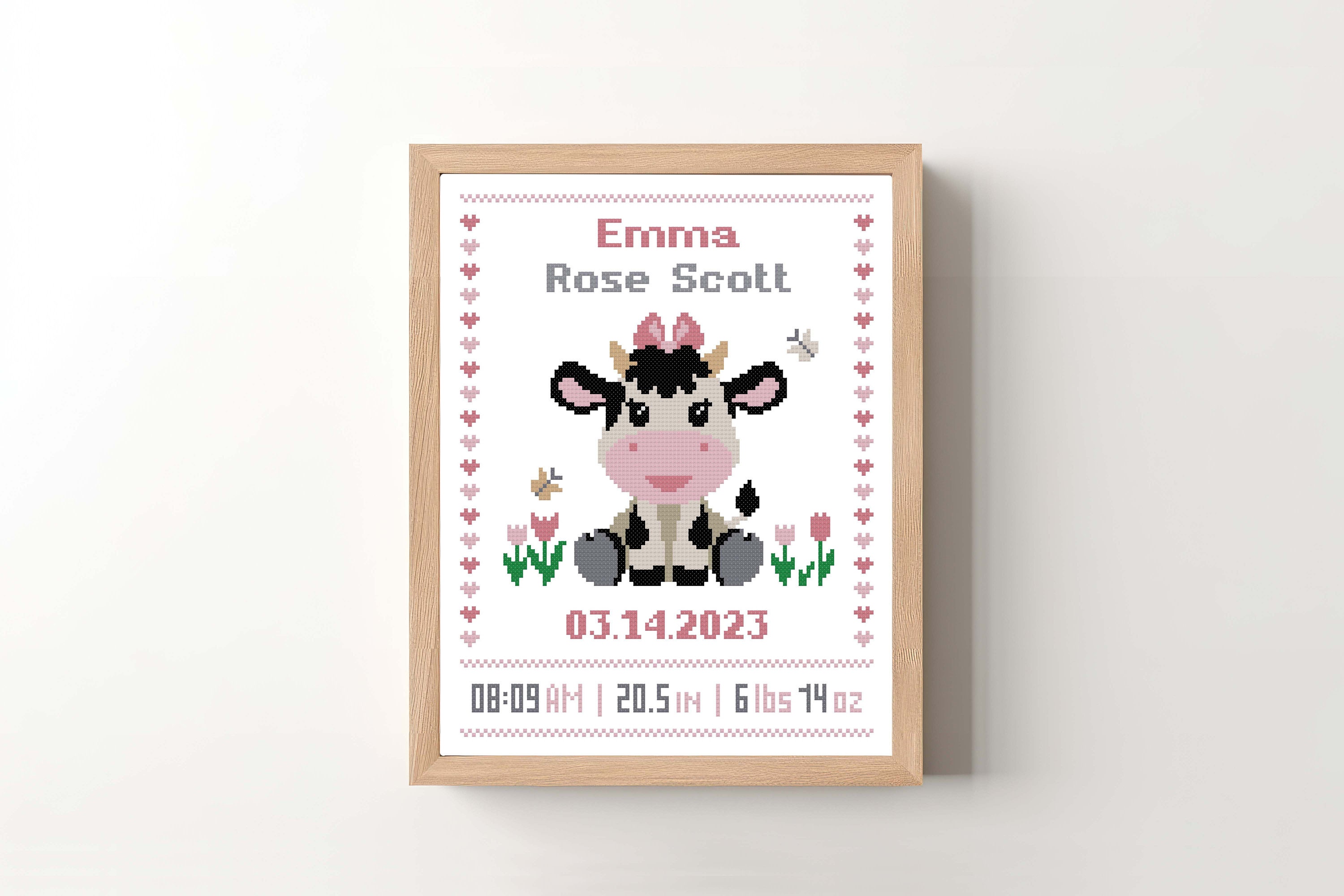 Baby Girl Cow Birth Announcement Cross Stitch Pattern: Nursery Decor ...