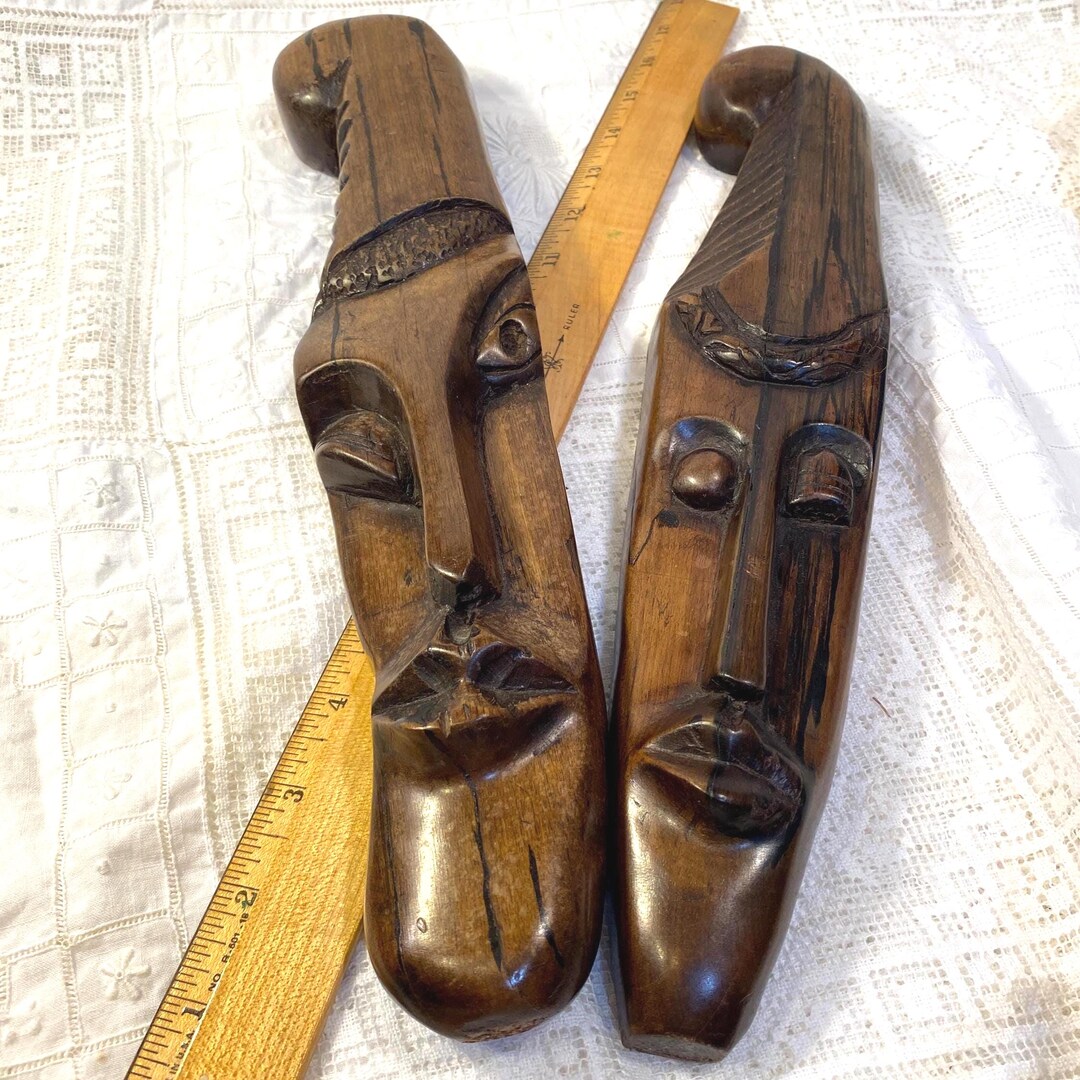 Pair of Vintage Carved Face Plaques | Mid-century Modern Hardwood Wall ...