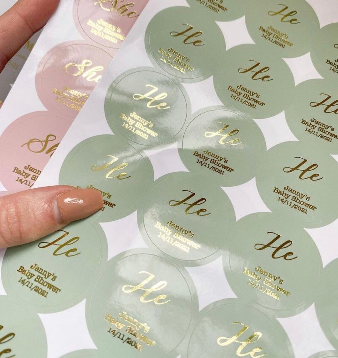70 Personalised Baby Gender Reveal Foiled Stickers • He/she Labels ...