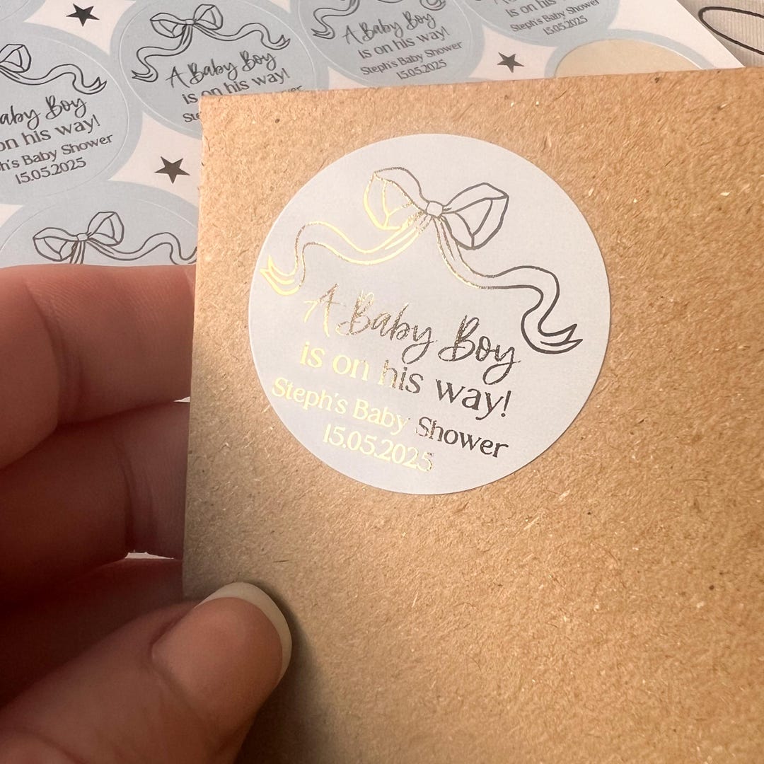35 • Baby Boy on His Way Baby Shower Stickers • Ribbon/bow Themed ...