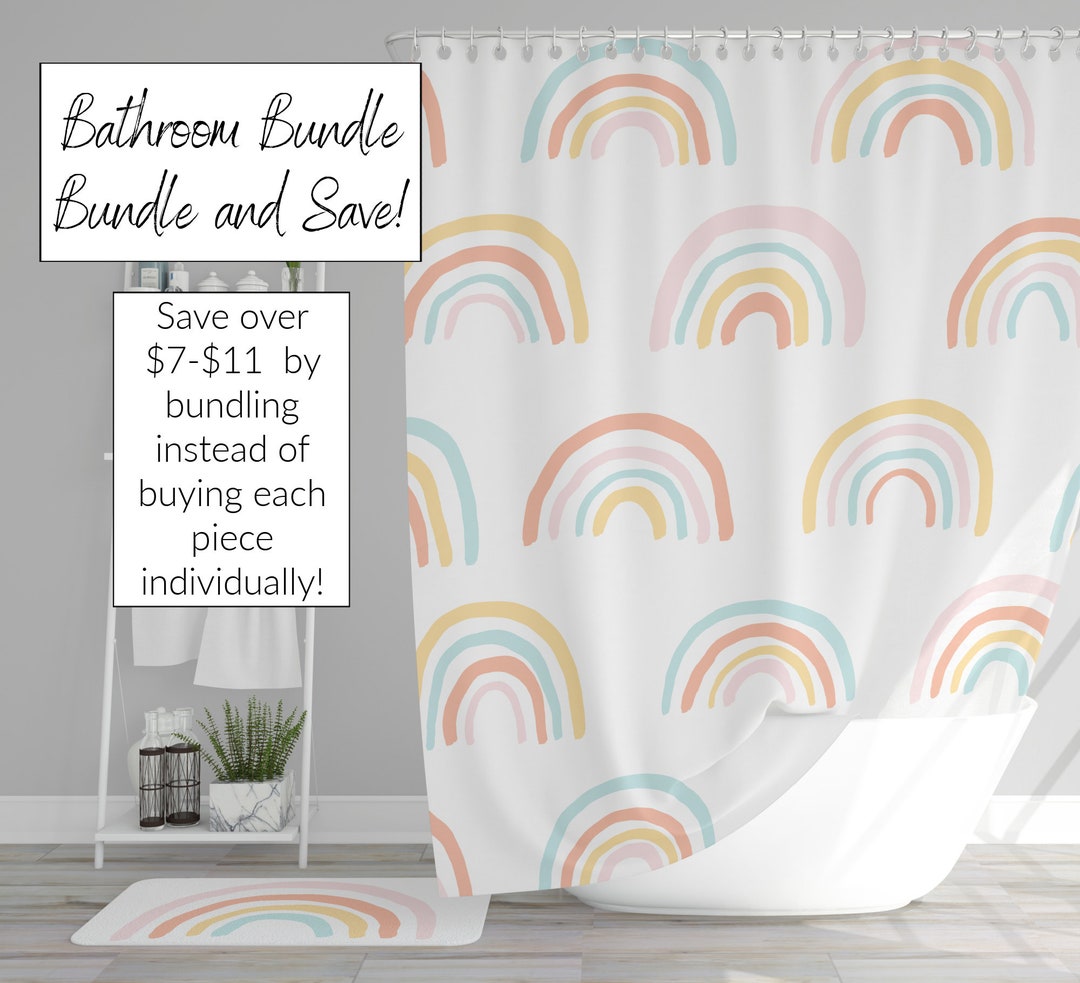 Boho Kids Rainbow Shower Curtain Pastel Rainbow Bath Mat Shower Decor ...