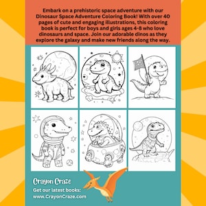 Dinosaur Space Adventure Coloring Pages for Kids Gift 40 Cute Dinosaurs ...