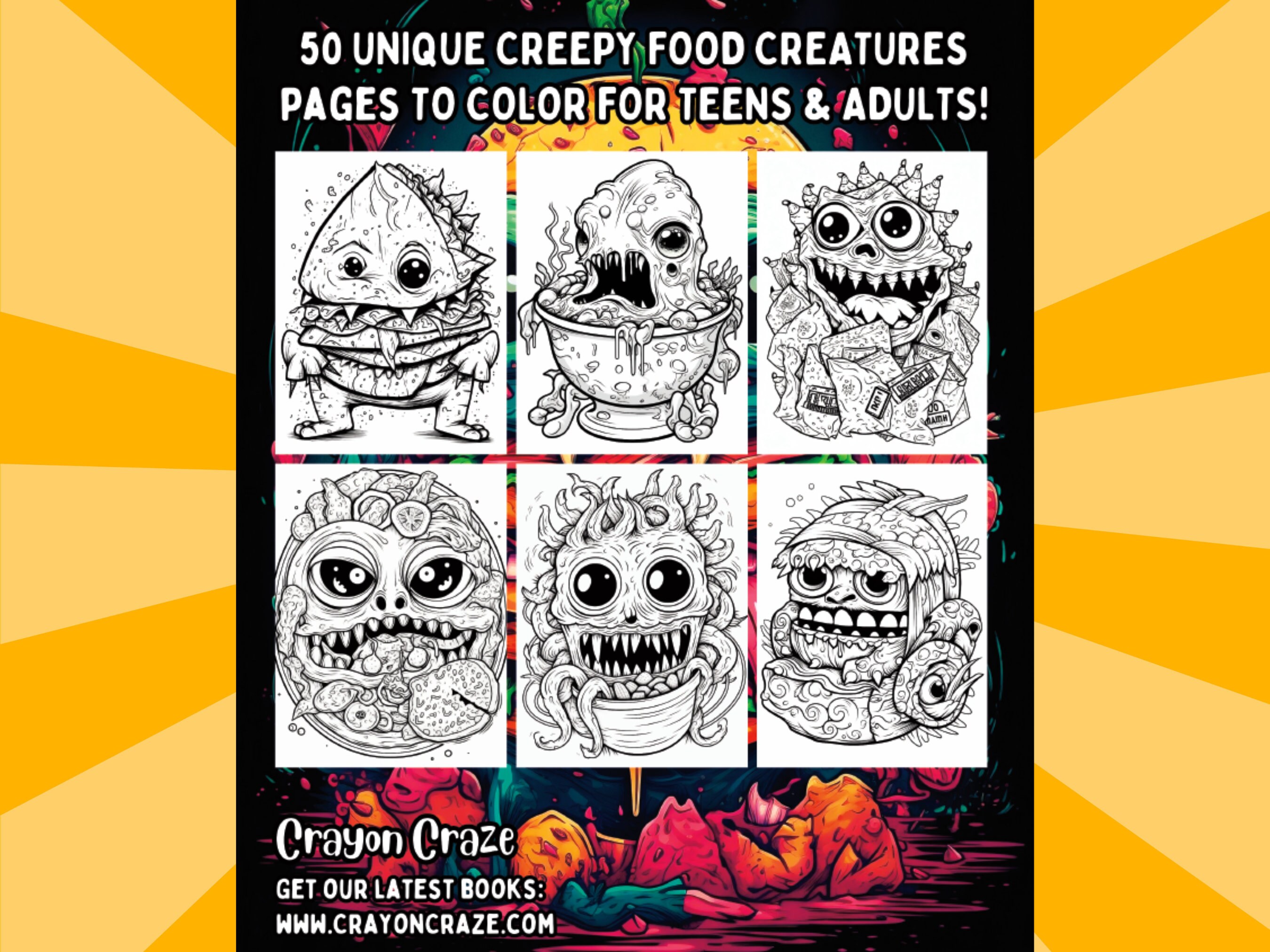 Creepy Food Monsters Coloring Pages Gift 50 Fun Cute Horror - Etsy