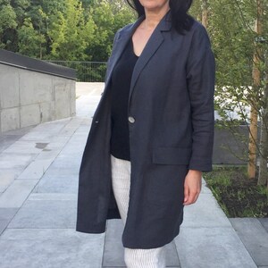 Long Washed Soft Linen Jacket With Button, Pockets and Collar, Graphite ...
