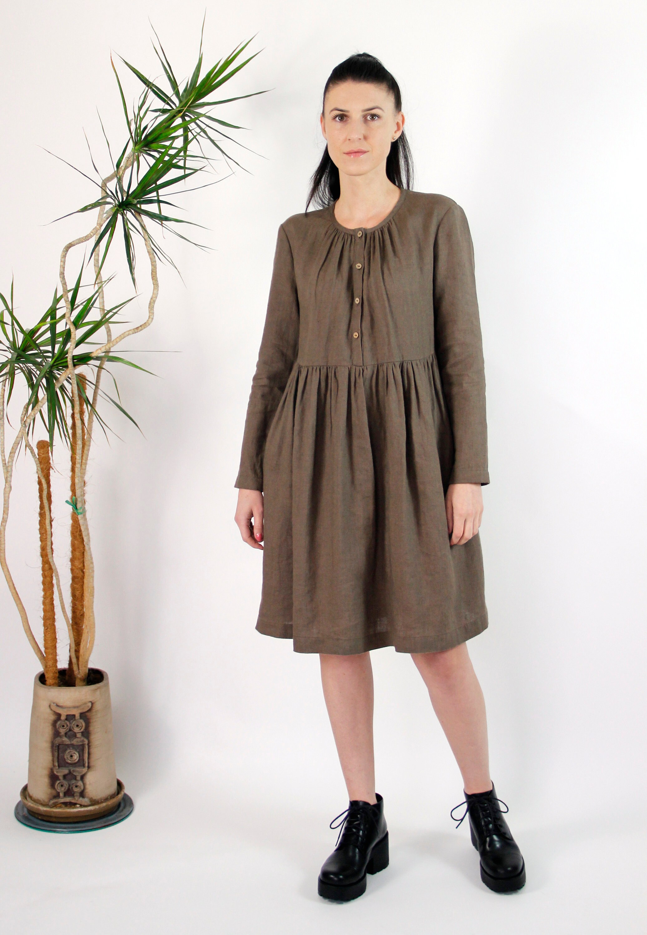 Linen Loose Ruffle Dress With Long Sleeves Wide Brown Linen | Etsy