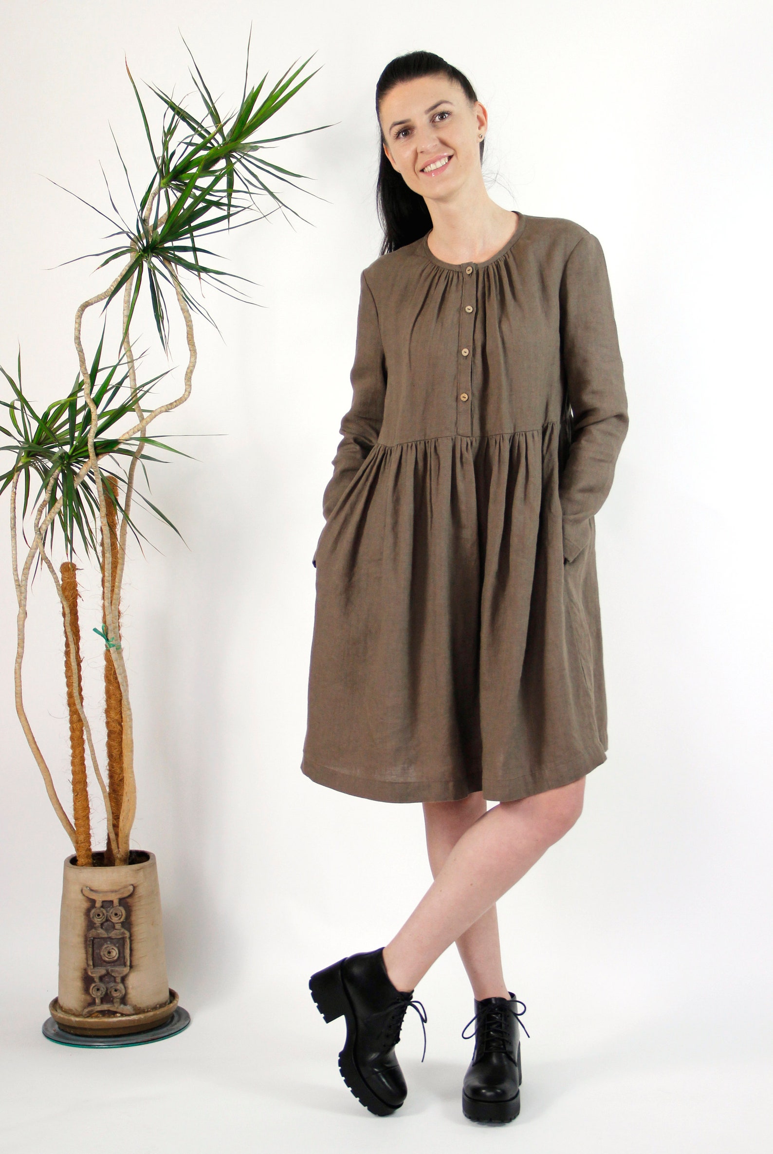 Linen Loose Ruffle Dress With Long Sleeves, Wide Brown Linen Dress With ...