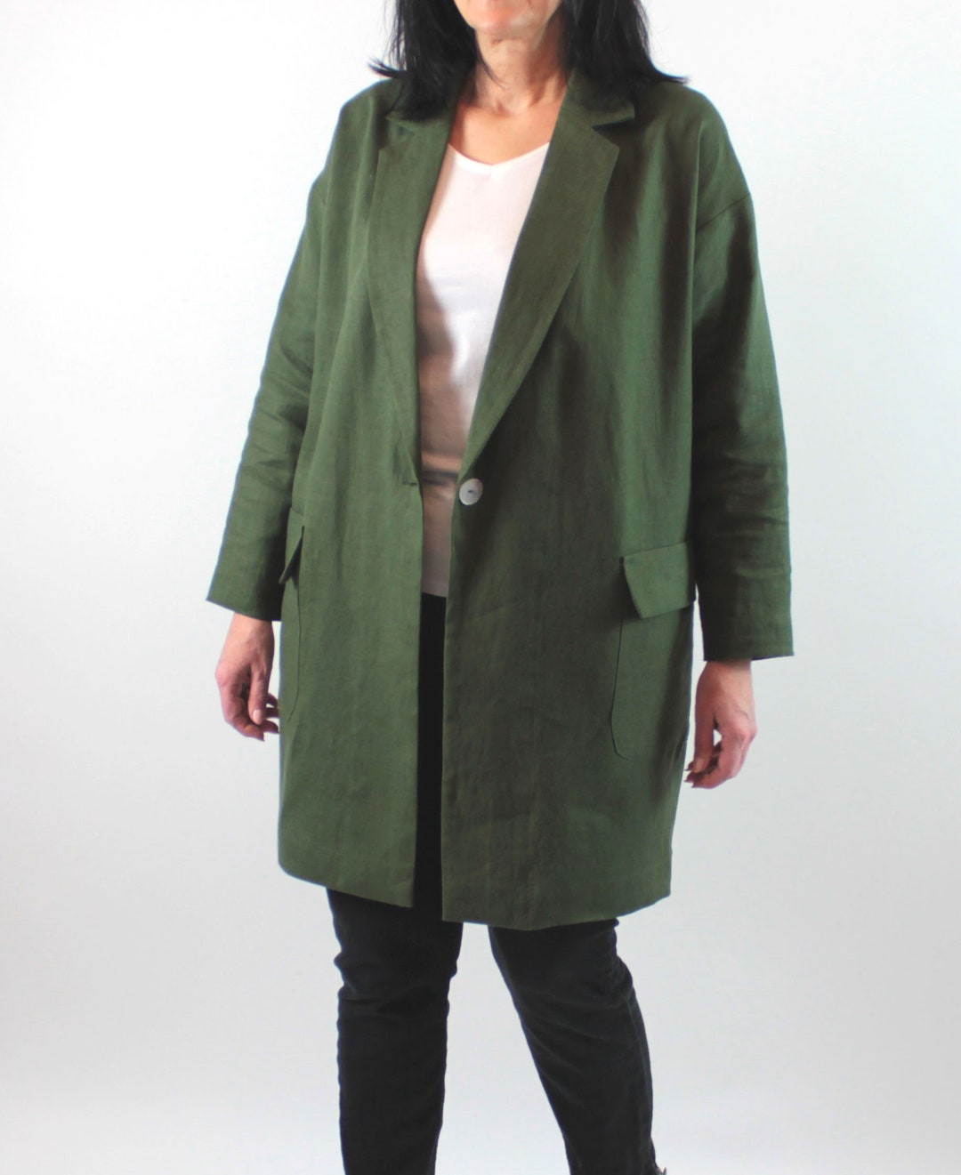 Oversized Linen Dark Moss Green Blazer With Collar and Pockets, Long ...