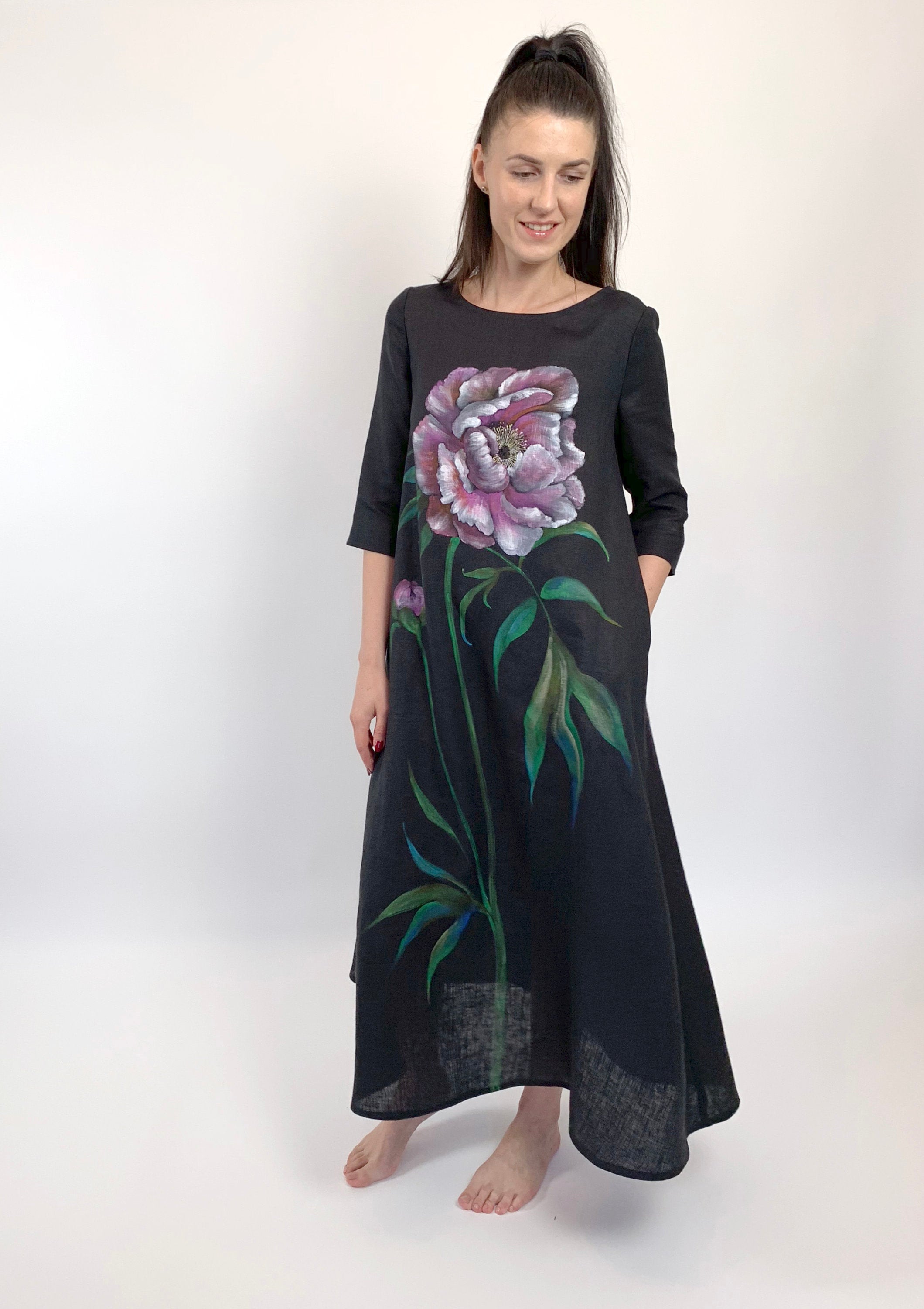Hand Painted Peonies Black Maxi Loose and Unique Linen Dress | Etsy