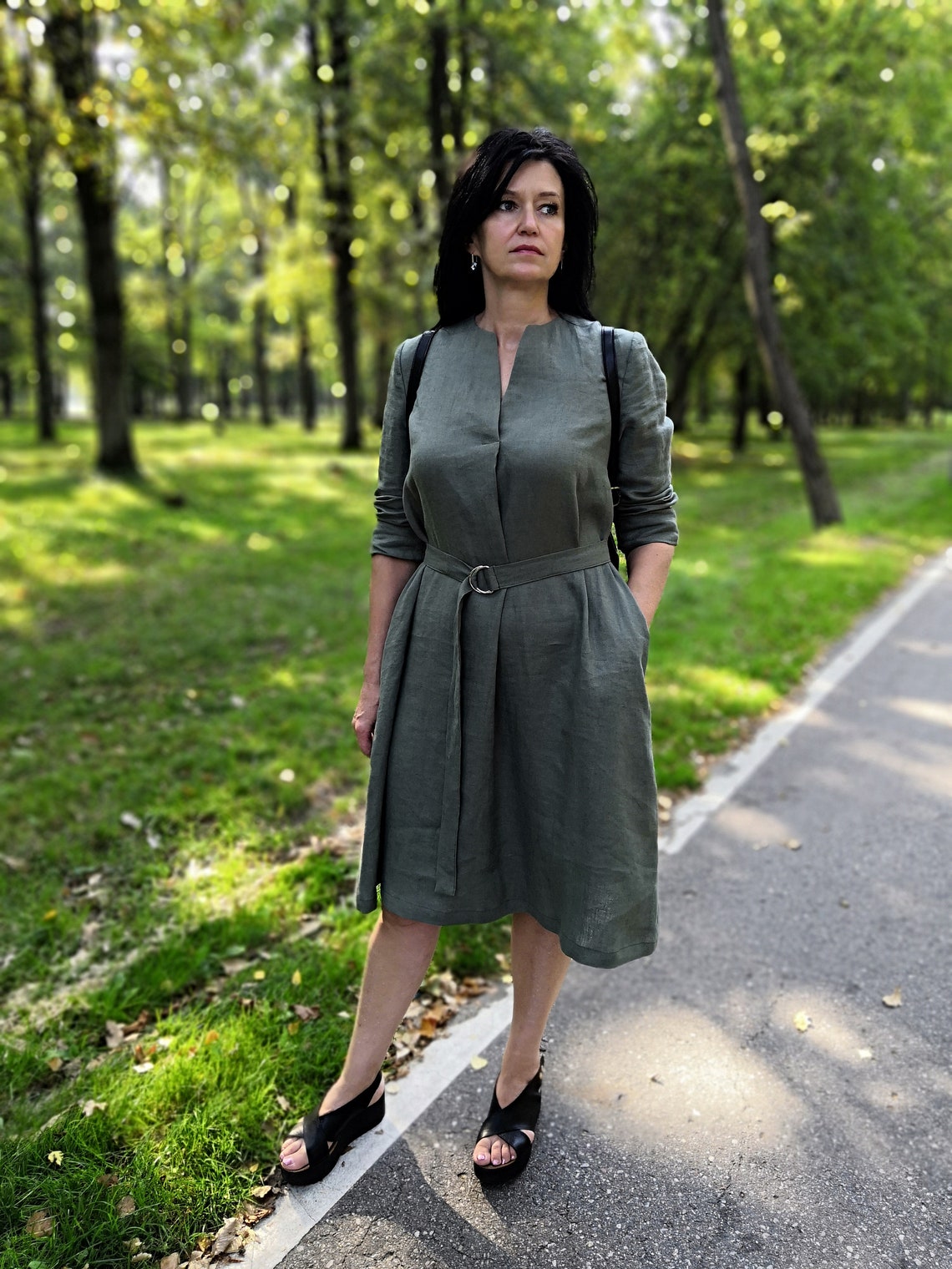 Linen Dress With Belt Washed Linen Dress With Long Sleeves - Etsy