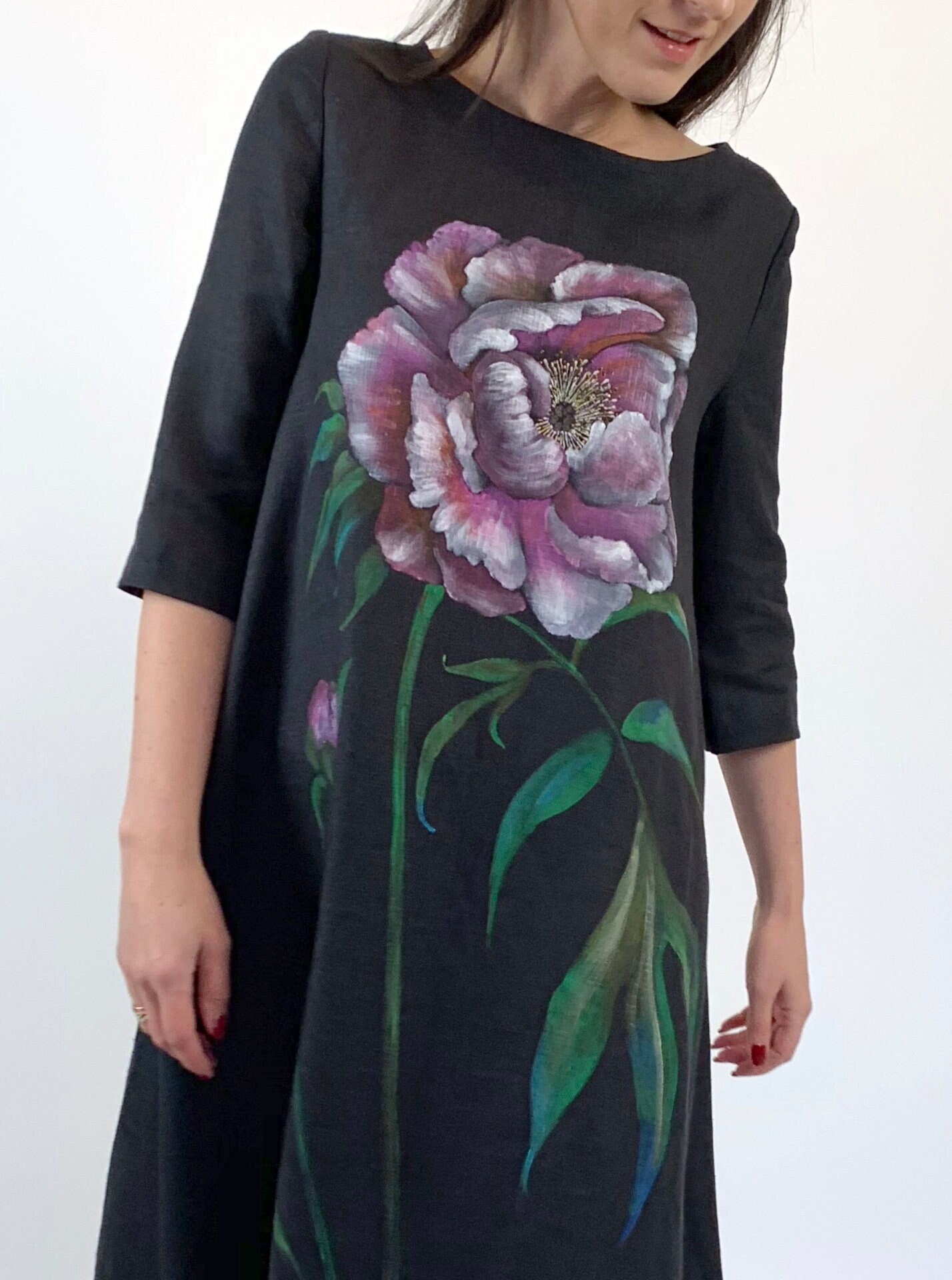 Hand Painted Peonies Black Maxi Loose and Unique Linen Dress | Etsy