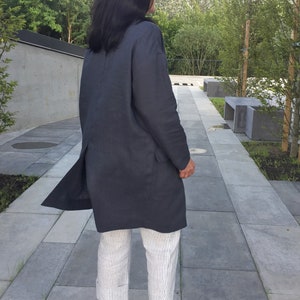 Long Washed Soft Linen Jacket With Button, Pockets and Collar, Graphite ...
