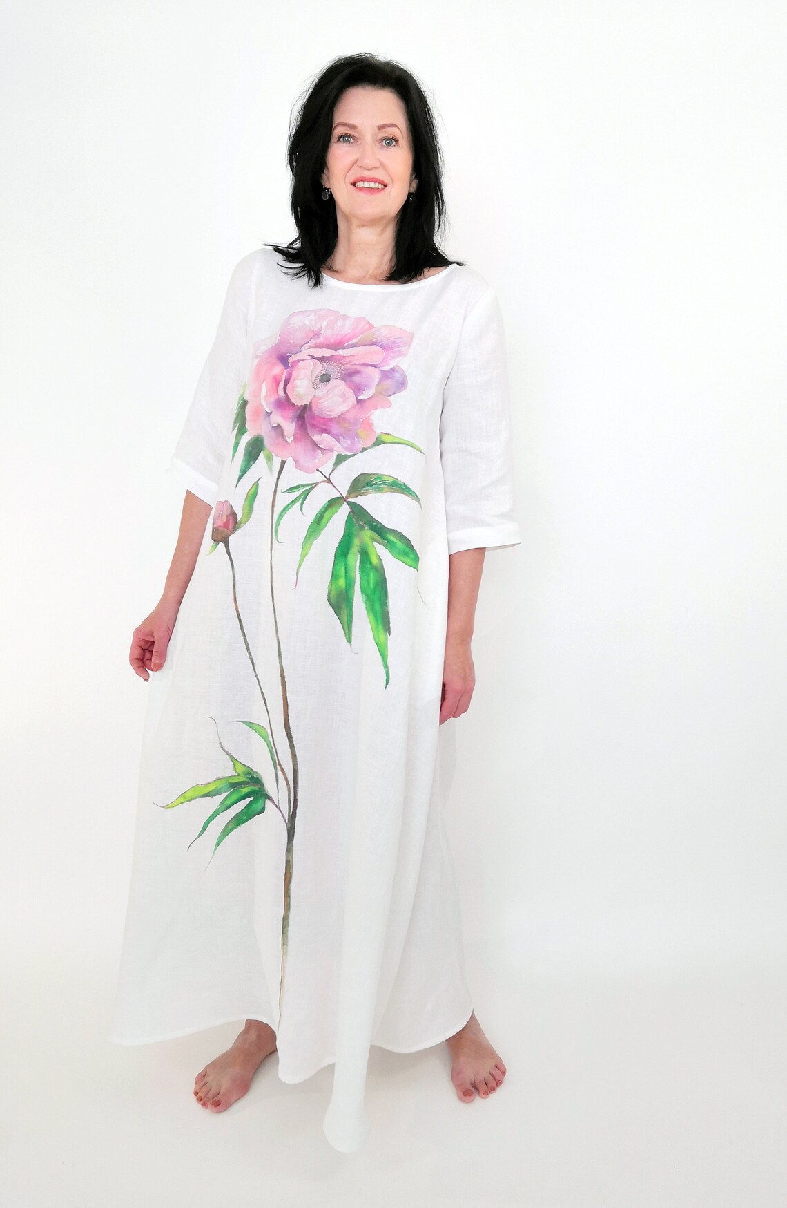 Unique Hand Painted Peonies White Maxi Washed Linen Dress With | Etsy