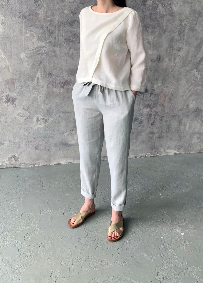Elastic waist natural light grey linen pants with belt and | Etsy