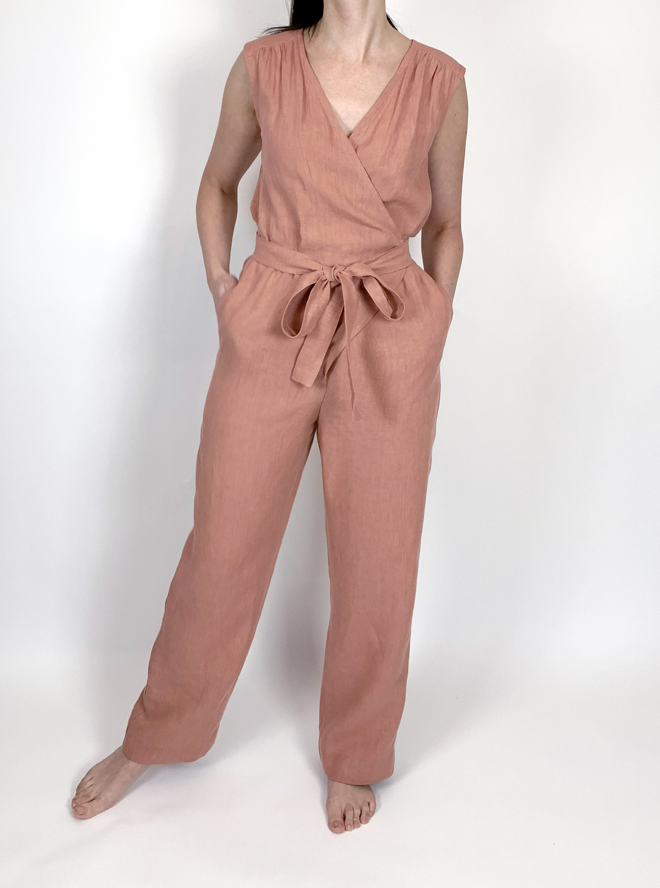 Wrap Linen Sleeveless Jumpsuit With Pockets, Long Pants Loose Linen ...
