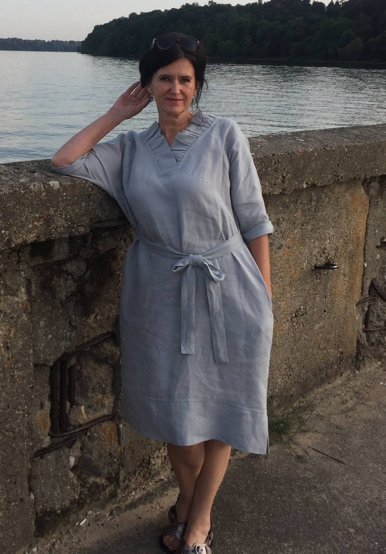 Loose Linen Light Blue Shift Dress With Kimono Sleeves, Washed and Soft ...