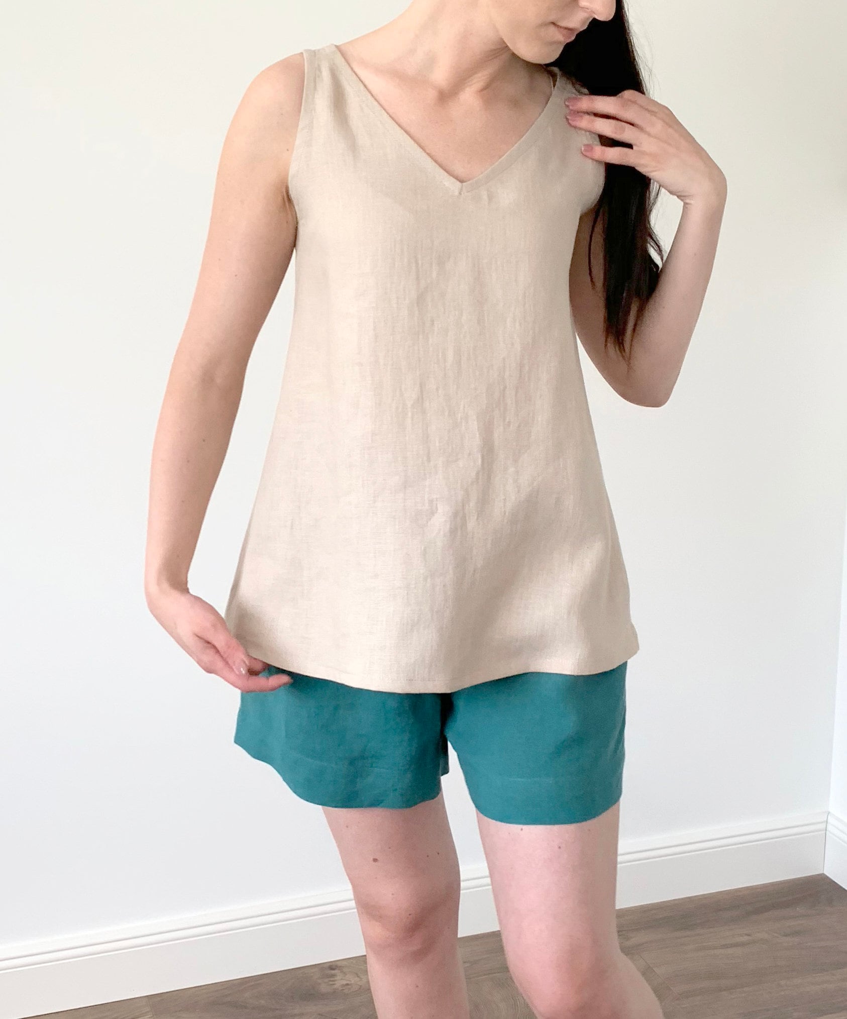 Washed Linen Beige Long Sleeveless Tank Top, Summer Sleeveless Linen ...