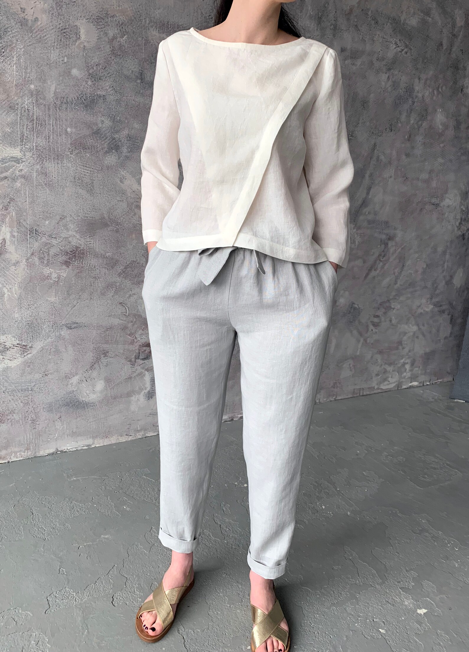 Elastic Waist Natural Light Grey Linen Pants With Belt and - Etsy