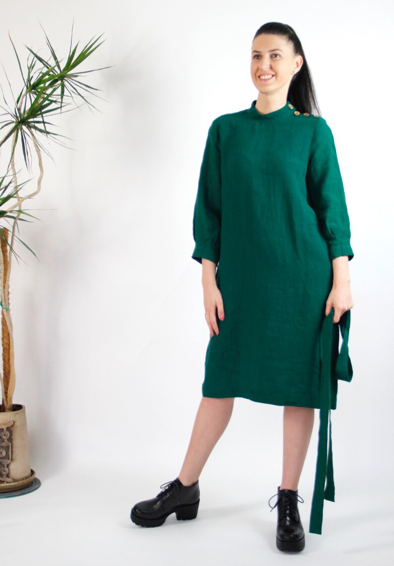 Linen Pencil Mid-calf Dress With High Neck and Belt, Washed Linen Midi ...