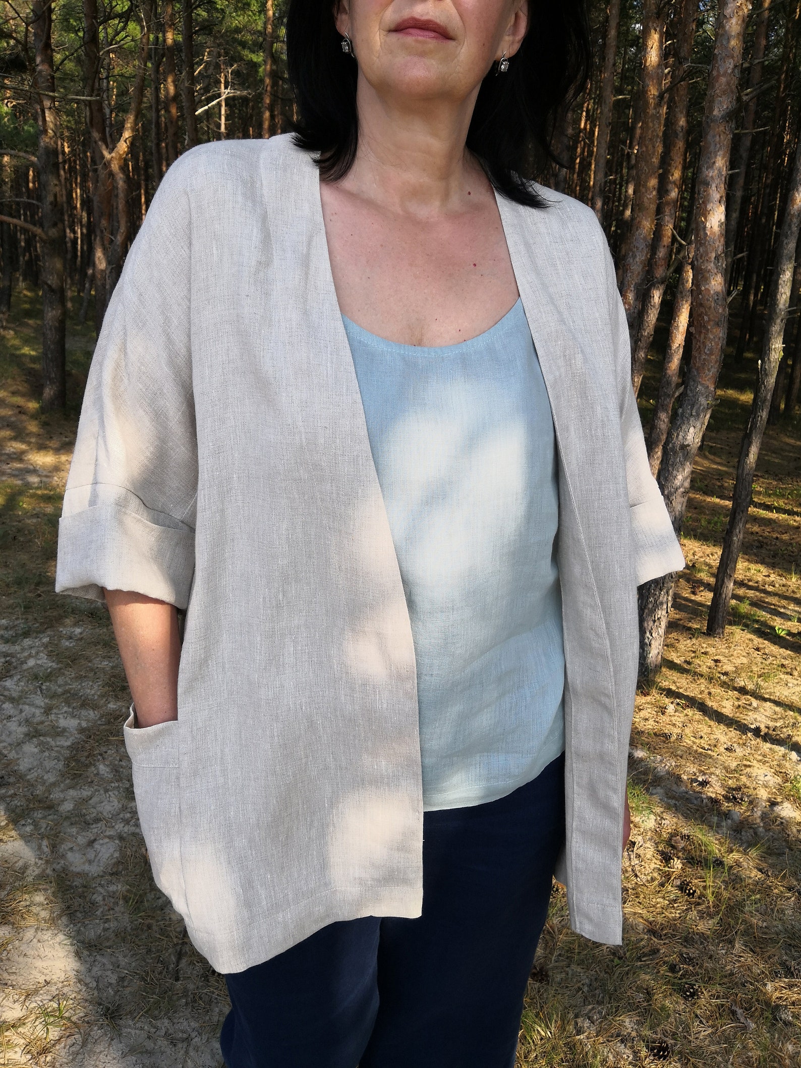 Long Linen Kimono Blazer With 3/4 Sleeves and Pockets Natural - Etsy