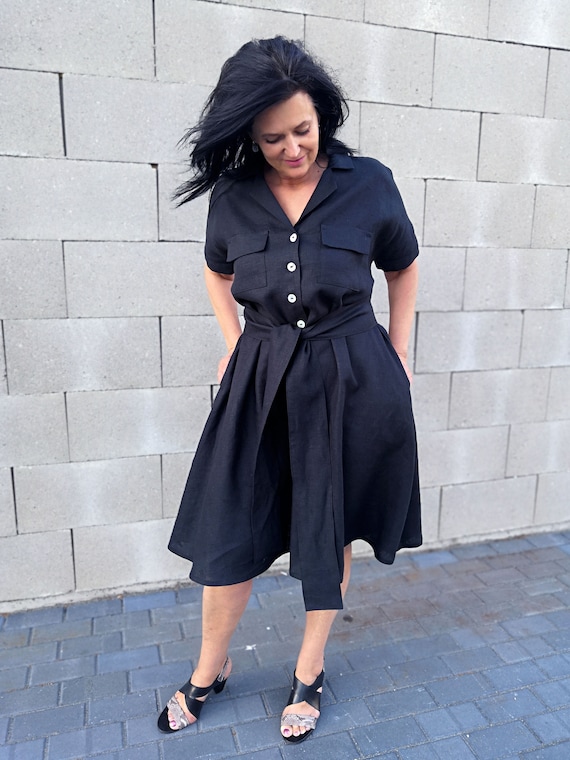 Washed Linen Shirt Style Dress With Collar and White Shells | Etsy