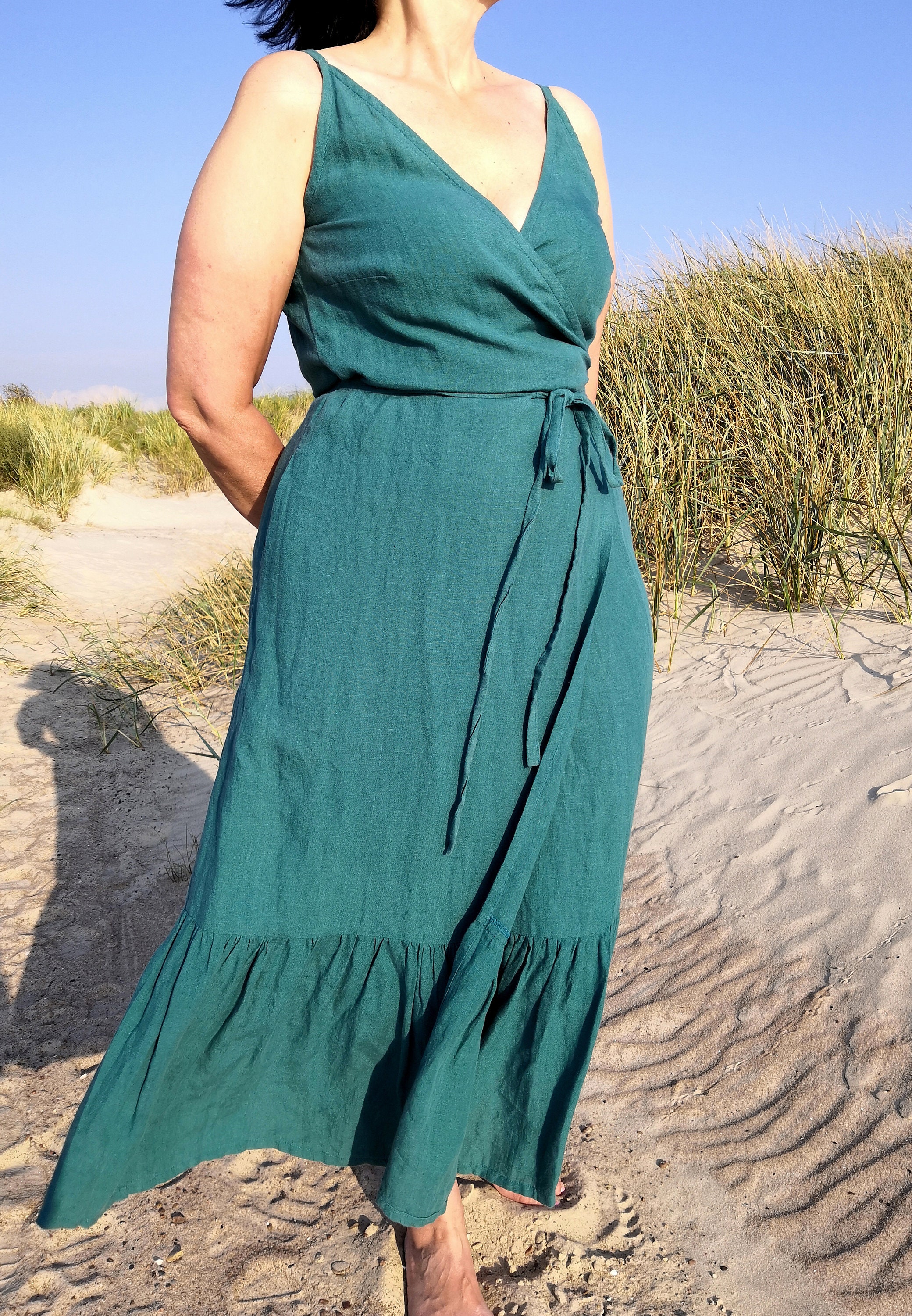 Wrap Sleeveless Long Linen Ruffle Dress With Pockets, Simple Summer ...