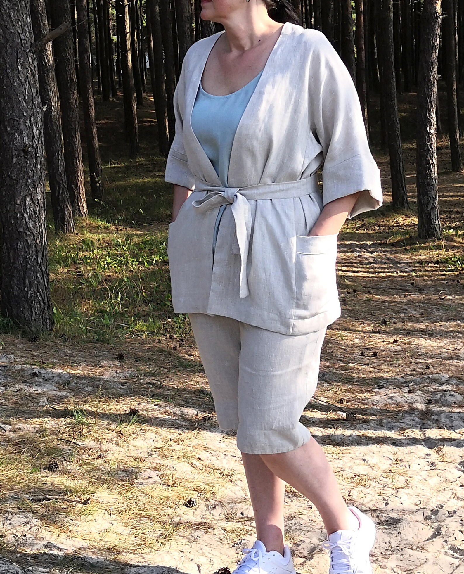 Long linen kimono blazer with 3/4 sleeves and pockets natural | Etsy