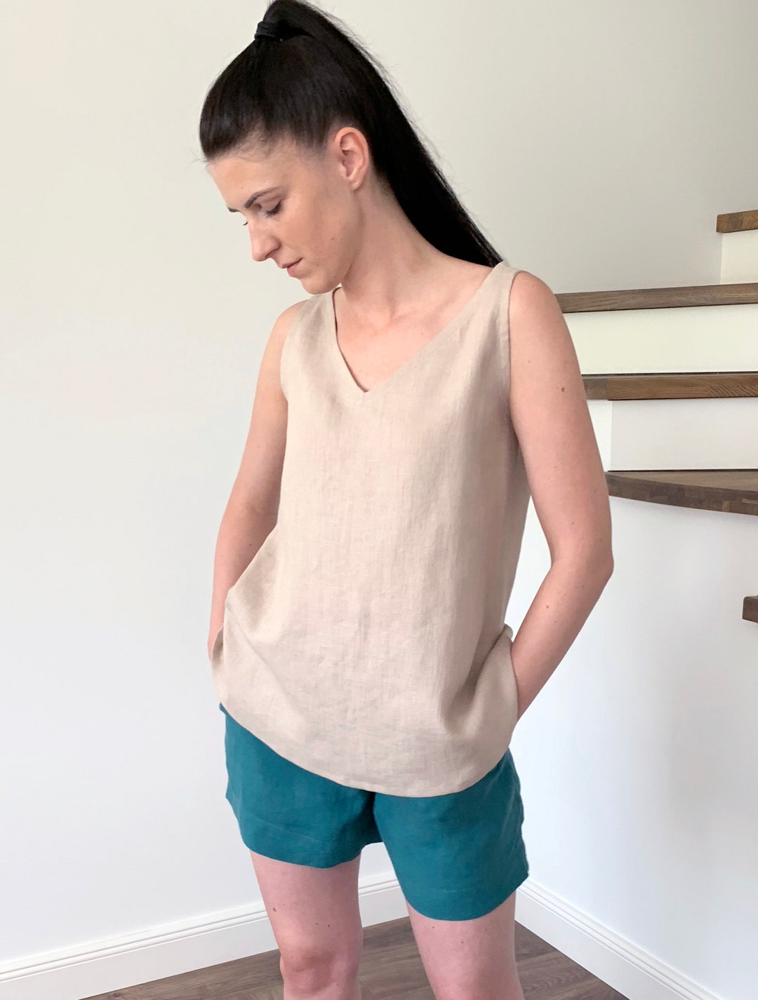 Washed Linen Beige Long Sleeveless Tank Top, Summer Sleeveless Linen ...
